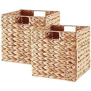 Vagusicc Storage Basket, Set of 2 Handwoven Water Hyacinth Storage Baskets, Foldable Wicker Storage Basket 9 Inch Cube Storage Bin for Shelves Laundry Organizer Square Shelf Baskets, 9''x9''x9''