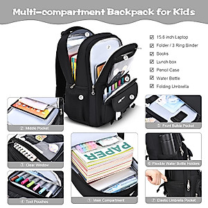 Girls Backpack, Kawaii Kids School Backpacks with Cute Pin Accessories for Girls, Cute Book Bag with Compartments for Teen Girl Kid Students Elementary Middle School, Kids' School Bag, 16in(Black)