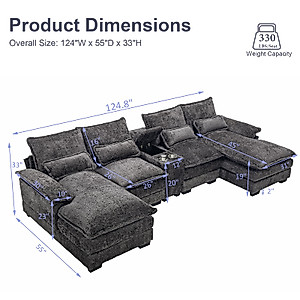 Tmsan 124.8" U Shaped Sofa with Storage Console & Cup Holders & USB Ports, Modern Upholstered Cloud Sectional Couch with Double Cushions for Living Room, Apartment, Grey Chenille