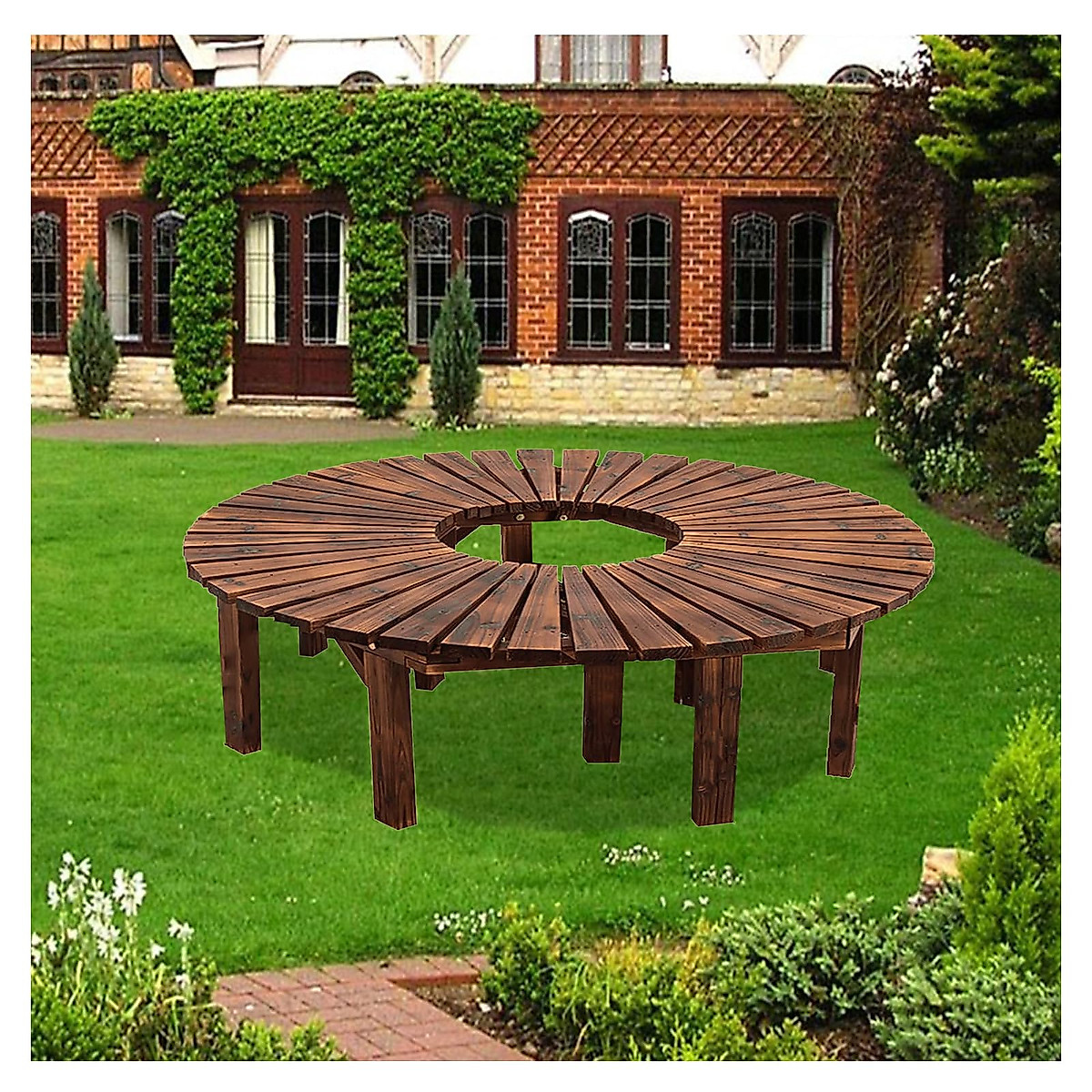 Tree Bench Wrap Around, Outdoor Surround Backless Curved Bench, Wooden Semi Circle Benches for Garden, Balcony, Poolside, Front Porch, Courtyard, Park (2pcs)