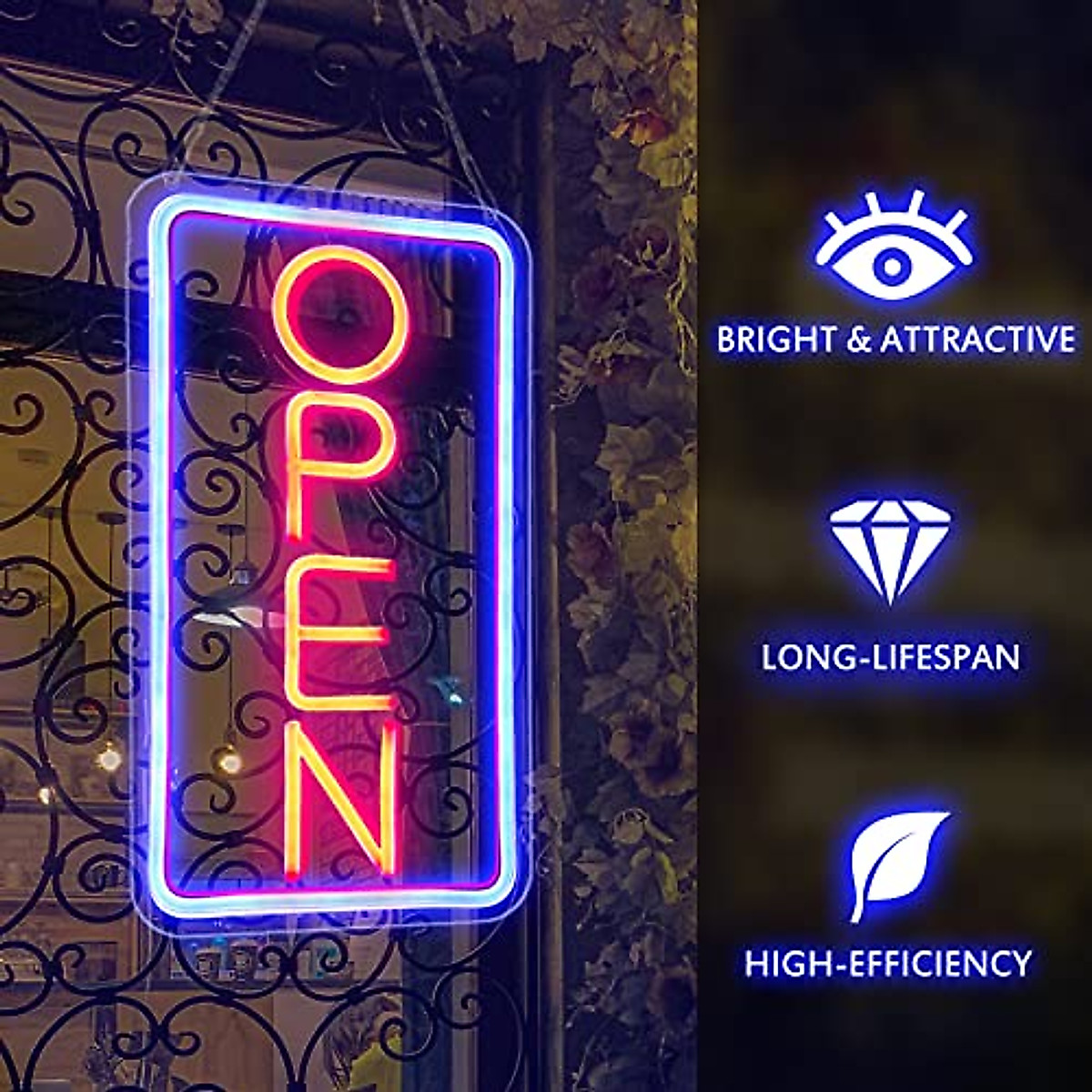 Open Signs for Business,Neon Open Sign Led,16.5"x 9",with Open/Closed Bussiness Hour Sign Set,Light for Bar Coffee Salon Store Window,12V/2A Adapter with ON/OFF Switch (Blue/Red Vertical)