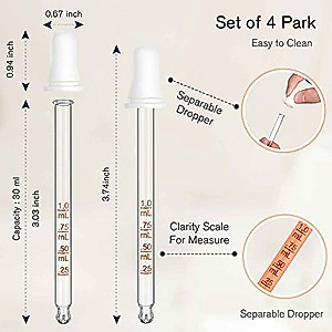 PrettyCare Eye Dropper 4 Pcs, Glass Eye Dropper for 30 ml Essential Oils Bottles Round Tip Measured Medicine Droppers Calibrated 1 ml Capacity