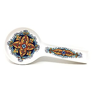 Nova Deruta Spoon Rest, Blue Yellow Fleur De Lis, Made in Italy, Italian Exclusively Handcrafted Earthenware for Sur La Table, Deruta Region Artwork