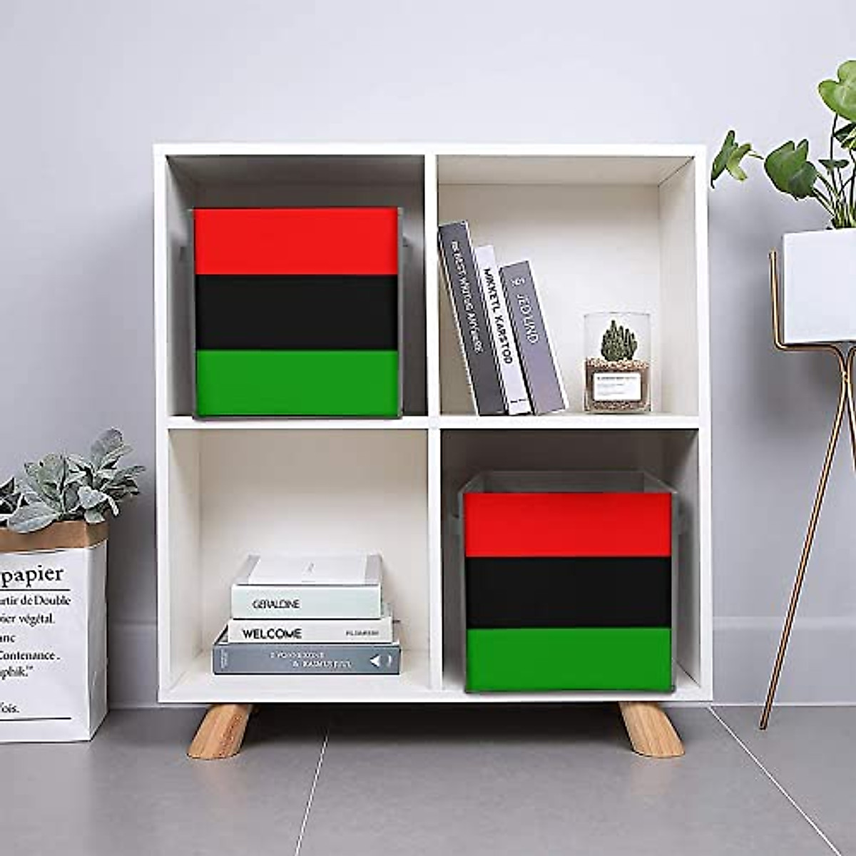 Pan African Flag PU Leather Collapsible Storage Bins Canvas Cube Organizer Basket with Handles