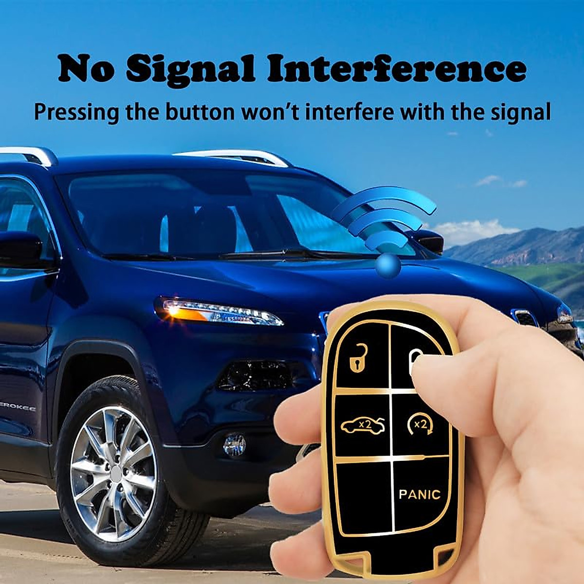 Key Fob Cover for Jeep with Keychain, Daemson Premium Soft TPU Full Protection Key Fob Case for Compass Cherokee Chrysler Challenger Dodge Grand Renegade Wrangler RAM Journey Dart Fiat Durango (Black)