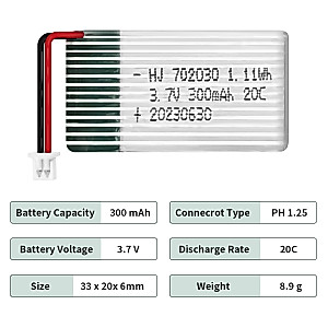 HAWK'S WORK 2 Pcs 3.7V Lipo Battery, 300 mAh Rechargeable Lithium Polymer Battery for RC Plane Helicopter Drone All Models & Toys (PH1.25 Connector)
