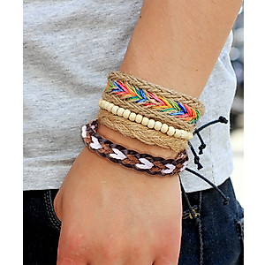 Akeoqi 12Pcs Braided Leather Bracelets Set For Men Women Wooden Beaded Cuff Wrap Bracelet Boho Ethnic Tribal Linen Hemp Cords Wrap Bracelets Adjustable Rainbow And White