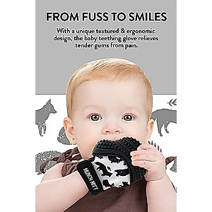 Malarkey Kids Baby Teething Mitten, Munch Mitt Baby Chew Toy - Protects Hands from Chewing & Saliva, Heals Aching Gums, Promotes Sound & Visual Stimulation for Babies Up to 1-Year-Old (Night Forest)
