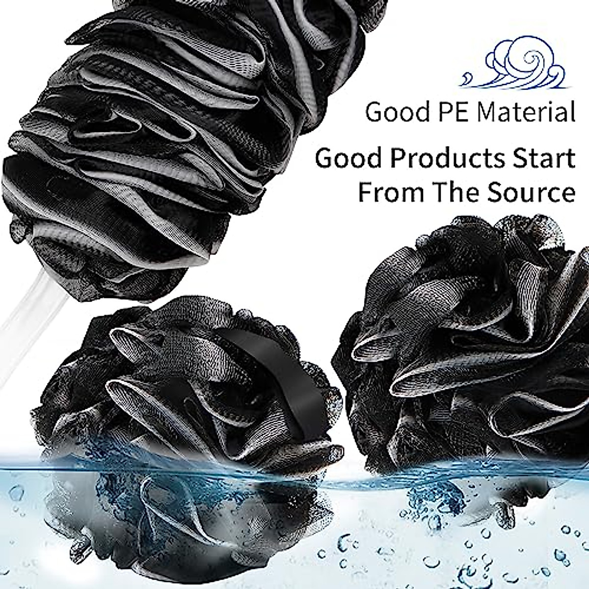 BCKENEY Bath Loofah Sponge Back Brush with Long Handle Extra Large 75g Soft Mesh Shower Poufs for Women & Men - Exfoliator Bathing Accessories (3Pcs 75G XL Charcoal Black)