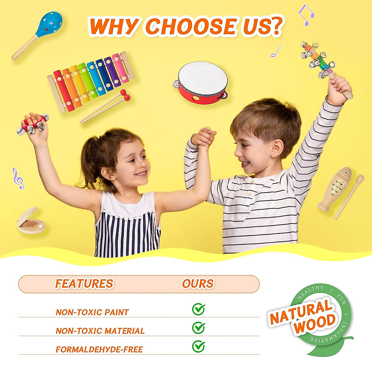 Toddler Musical Instruments Set, 10Pcs 7 Types Wooden Percussion Instruments Tambourine Xylophone Toys for Kids Children, Preschool Education Early Learning Musical Instruments for Toddlers