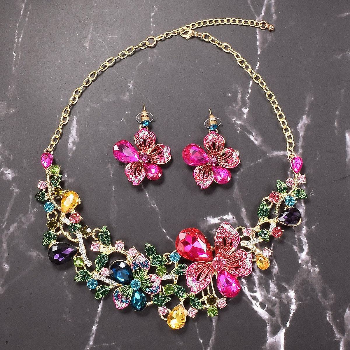 Yuhuan Women Costume jewelry Crystal Statement Necklace and Earrings Sets Chunky Jewelry Set (Style1)