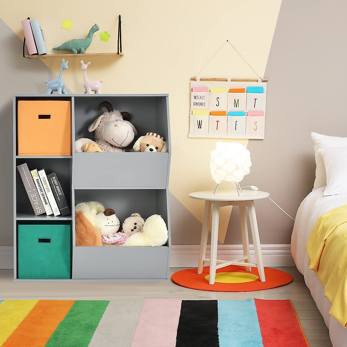 GLOBALWAY 5-Cube Kids Toy Storage Cabinet, Freestanding Children Bookcase w/ 2 Foldable Storage Bins, Open Multi-purpose Storage Display Organizer for Kids Room, Play Room, Hallway, Nursery