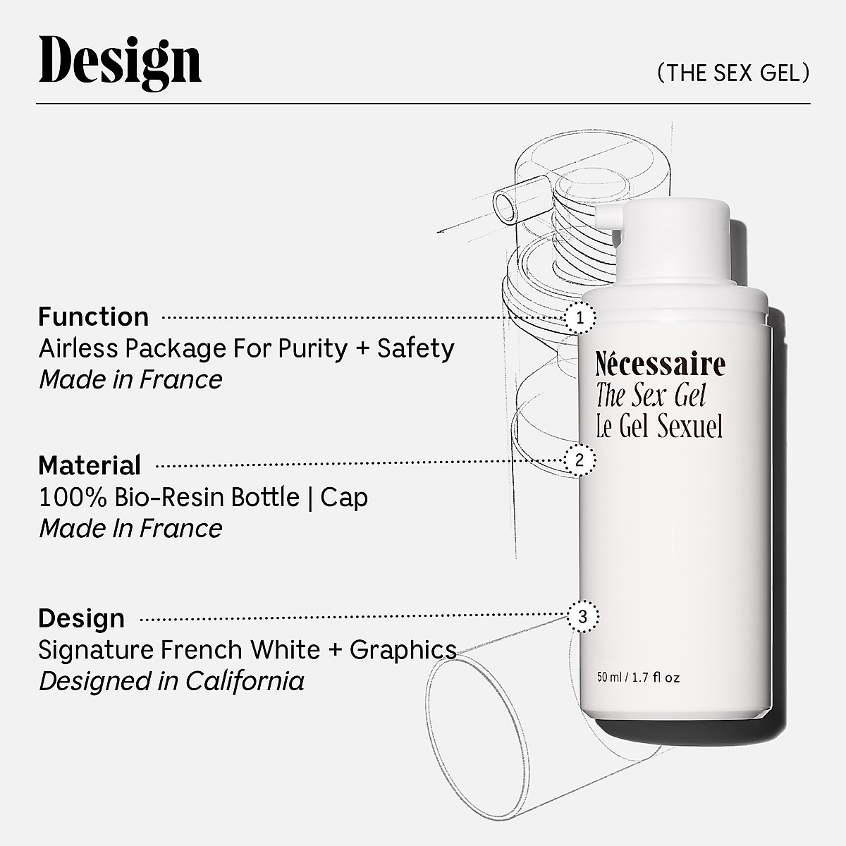 Nécessaire The Sex Gel. Water-Based Personal Lubricant. Hyaluronic Acid + Lactic Acid. No Fragrance Added. Non-Staining. Safe for Toys + Condoms. 50 ml / 1.7 fl oz.