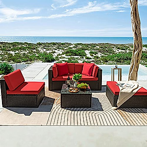 Tuoze 5 Pieces Patio Furniture Sectional Outdoor All-Weather PE Rattan Wicker Lawn Conversation Cushioned Garden Sofa Set with Glass Coffee Table (Red)