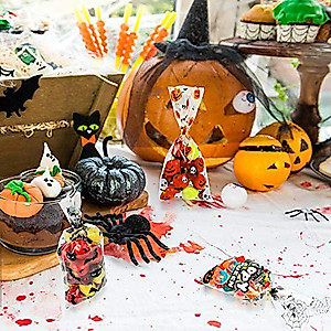 WOVTE Halloween Cellophane Bags, 150 PCS Candy Treat Bags with 150 PCS Twist Ties for Bakery Biscuit Chocolate Snacks Halloween Party Favors Homemade Craft (3 Styles)