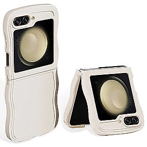 Eiavike Phone Case for Samsung Galaxy Z Flip 5 2023, Soft Silicone Solid Color Curly Wave Frame [with Non-Slip Hinge] Shockproof Protective Cover for Galaxy Z Flip 5 5G - Cream White