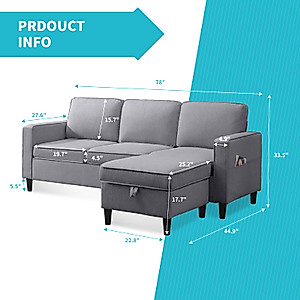 CECER 78" Convertible Sectional Sofa, L-Shaped Couch with Storage Ottoman, Modern Linen Fabric 3-seat Couche with Movable Ottoman, Chasie Lounge for Apartment/Living Room (Light Grey)