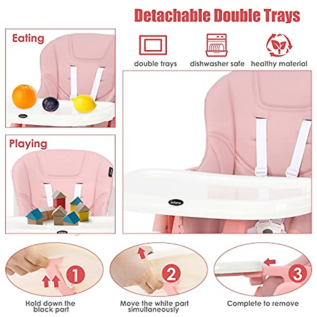 INFANS 4 in 1 High Chair–Booster Seat, Convertible Highchair w/Adjustable Height and Recline,Removable Tray,DetachableCushion, Installation-Free,Simple Fold for Baby, Infant& Toddler (Pink)