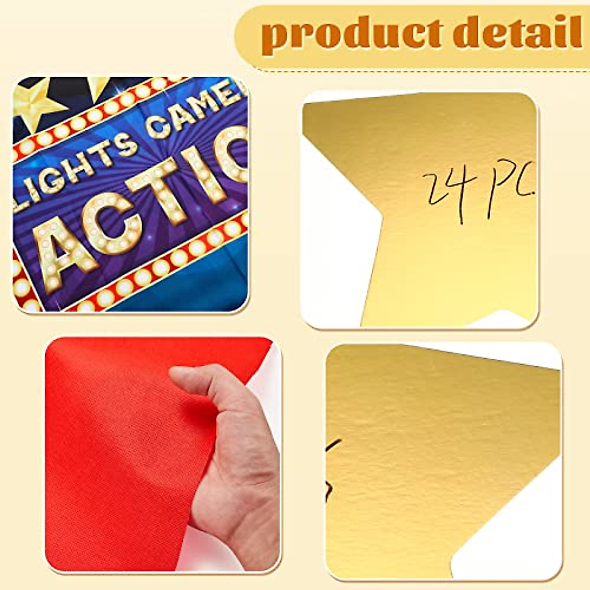 6 x 5 ft Movie Theme Photography Backdrop Red Carpet Party Decorations Runner Red Carpet Runner 2.6 x 15 ft with Carpet Tape and 24 Pieces 8 Inch Gold Star Paper Cutouts for Party Decoration Supplies