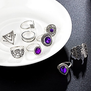 Octwine Statement Purple Crystal Rings Silver Knuckle Rings Queen Rings Jewelry Accessory for Women (9 pcs)