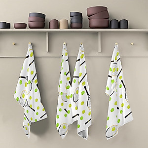 Oyihfvs Tennis Balls and Rackets Seamless On White Set of 6 Polyester Kitchen Dish Towel, Dishtowels Waffle Dishcloths, Hemmed Napkin Hand Bar Tea Towels with Hanging Loop, Multi 20, 28x18 inches