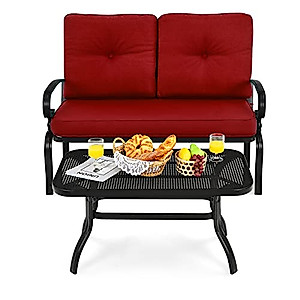 Giantex Patio Loveseat with Coffee Table Outdoor Bench with Cushion and Metal Frame, Loveseat Porch Furniture Set Sofa for Garden, Yard, Patio or Poolside (Deep Red & Black)