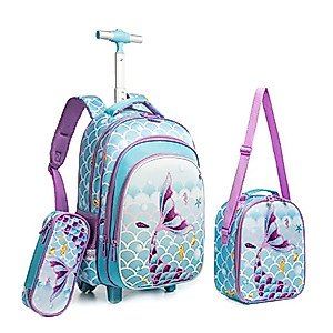 Meetbelify Girls Rolling Backpack Wheels Backpacks Kids Luggage for Elementary Preschool Students Cute Suitcase Trolley Trip Wheeled Mermaid Backpack with Lunch Box for Girls