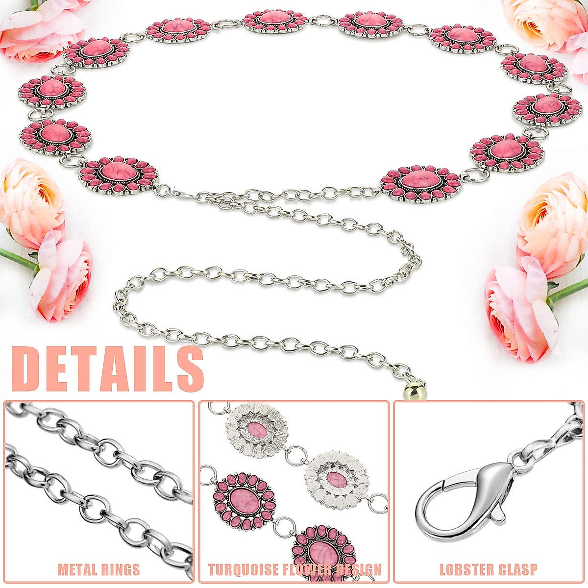 Kenning Turquoise Concho Chain Belt Metal Western Waist Belts for Women Boho Belt 1.2 x 2 Inch Turquoise Drop Statement Post Earrings(Pink Turquoise,Novel Style)