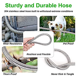 AMLEGEN Metal Water Garden Hose 25ft - Heavy Duty Stainless Steel, 8-Function Sprayer & Adjustable Nozzle, Lightweight & Flexible, Tangle Free & Kink Free, Dog Proof, for Lawn/Yard/Outdoor/RV