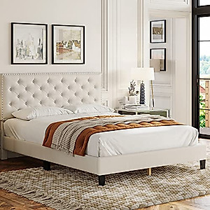 HOSTACK Queen Size Bed Frame, Modern Upholstered Platform Bed with Adjustable Headboard, Heavy Duty Button Tufted Bed Frame with Wood Slat Support, Easy Assembly, No Box Spring Needed (Beige, Queen)
