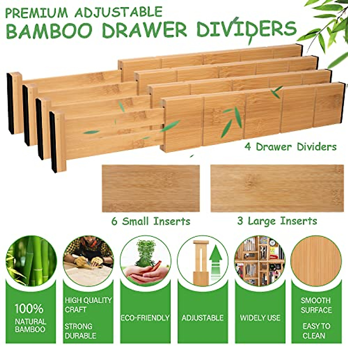 KOOHOAMZ Adjustable Bamboo Drawer Dividers With Inserts, Kitchen Drawer Dividers Organizer Expandable From 13.25"-17", Stackable Deep Drawer Separators For Kitchen Utensils, Dresser, Bedroom, Clothes