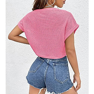 Meladyan Women’s Casual Waffle Knit Crop Tee Top Batwing Short Sleeve Crew Neck Solid Cropped T Shirt Tops Pink