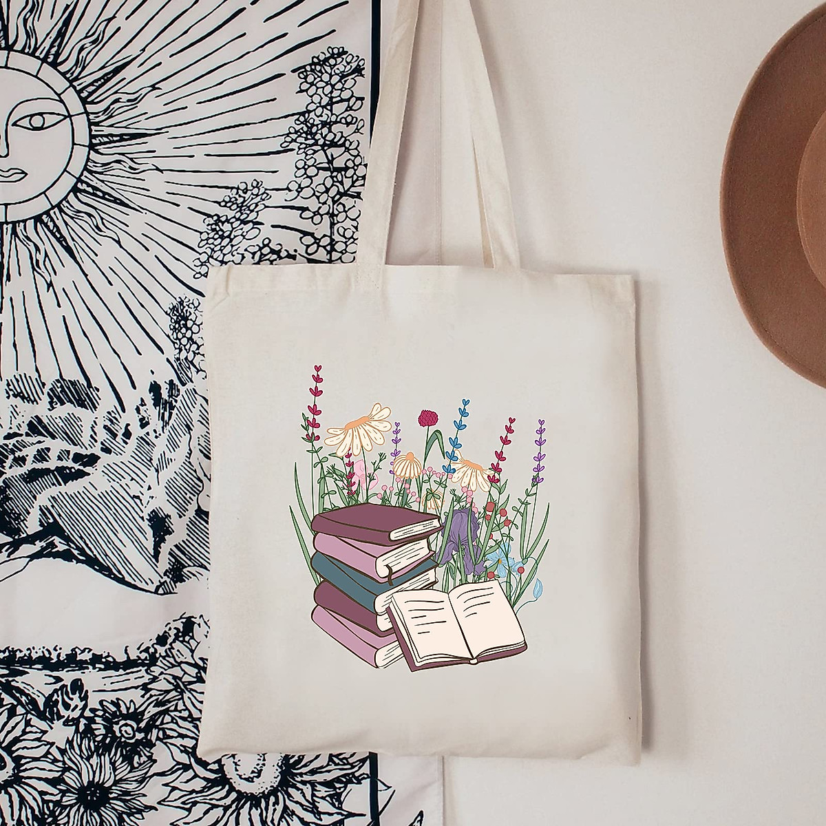 Haukea Book Cute Canvas Tote Bag with Inner Pockets Aesthetic Flower Tote Bags Graphic Reusable Tote Bag for Women Teacher Mother Gifts Tote