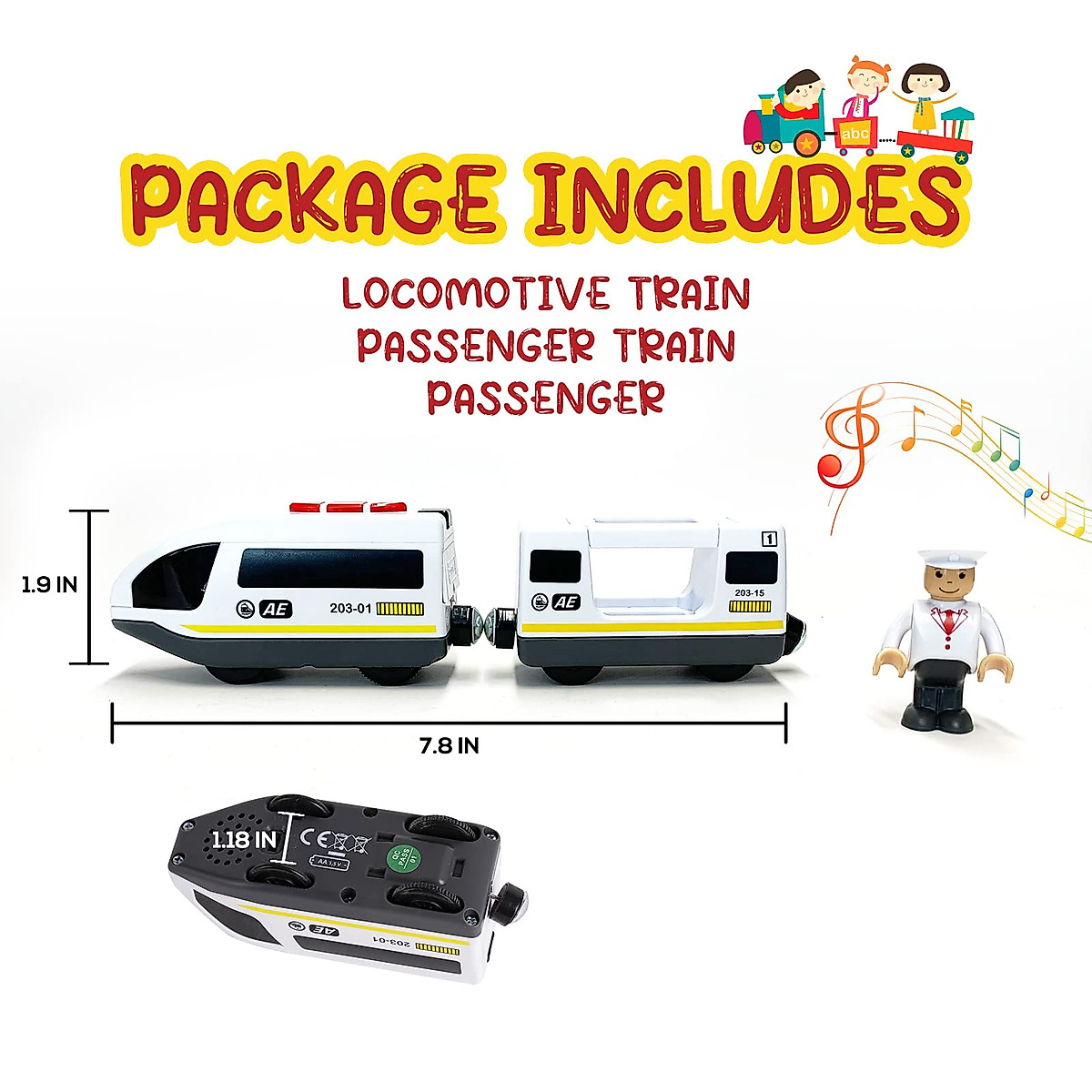 BRINJOY Battery Operated Train Set for Wooden Train Tracks, Powerful Engine Action Locomotive Train (Magnetic Connection) w/Sound for Boys & Girls, Bullet Toy Train Set for Toddlers Ages 3+, White