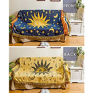 MayNest Sun And Moon Stars Hippie Throw Blanket Celestial Tapestry Double-sided Reversible Woven Cotton Home Decor Bedding Chair Couch Recliner Cover Loveseat Rug Oversized Tassels Blue Yellow (91x71)