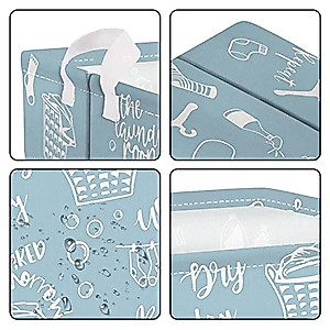 Clastyle Rectangular Blue Laundry Theme Storage Bins Waterproof Simple Fun Words Hanger Iron Laundry Basket Detergent Bubble Storage Basket for Toys Clothes Bedroom, 15.7x11.8x11.8 in