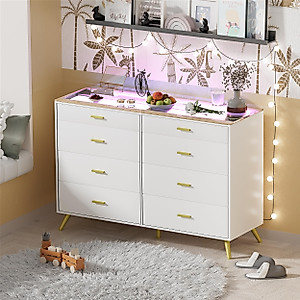 PAKASEPT White Dresser with LED Lights for Bedroom,8 Drawer Dressers with Tempered Glass Top,Chests of Drawers with 2 Grid Drawer,Storage Organizer Dresser for Hallway,Living Room