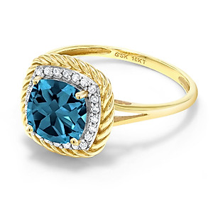 Gem Stone King 10K Yellow Gold Gemstone Birthstone and White Diamond Engagement Ring | Cushion 7MM | Wedding Engagement Anniversary Promise Gold Ring For Women