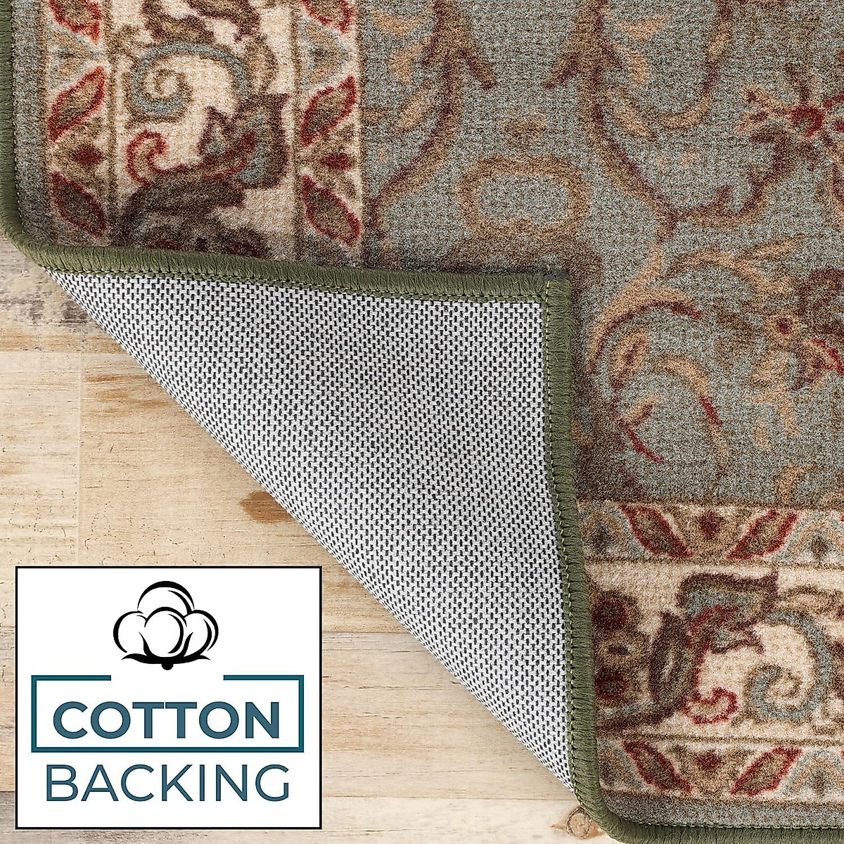 Superior Indoor Runner Rug, Jute Backed Rugs for Bedroom, Living/Dining Room, Office, Entryway, Hallway, Kitchen, Traditional Floral Scroll Floor Decor, Heritage Collection, Green, 2' x 11'