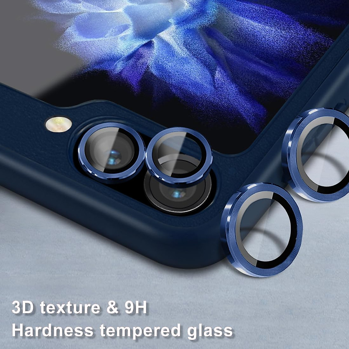 KEZiHOME for Samsung Galaxy Z Flip 5 Case Built-in Screen Protector and Tempered Glass Camera Lens Cover, Genuine Leather Slim Thin Protective Phone Case Compatible with Galaxy Z Flip 5 5G (Blue)