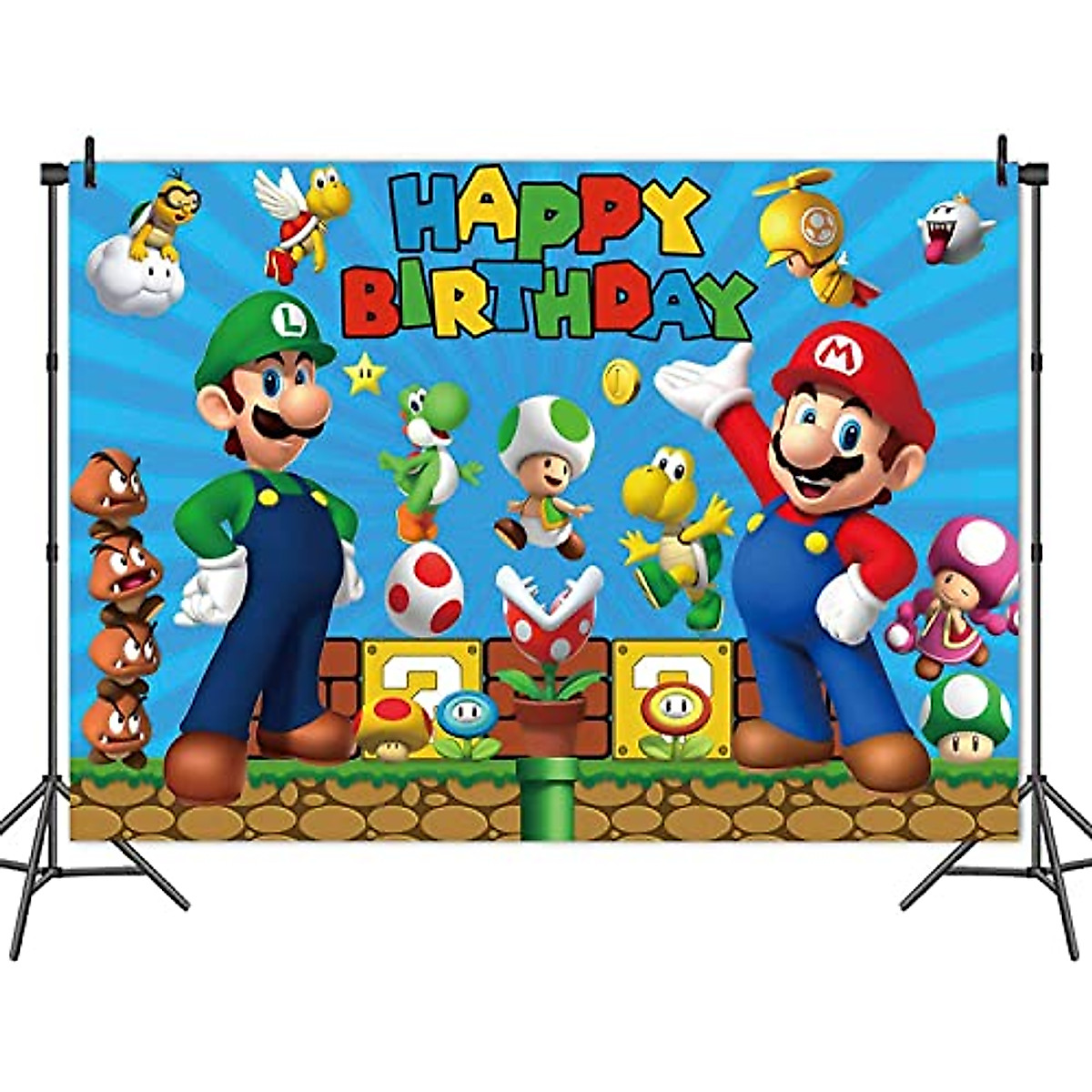 Super Mario Gold Coin Video Game Happy Birthday Theme Photography Backdrops 5x3ft Children Boys Birthday Party Decor Supplies Cake Table Decor Kids Shoot Photo Backgrounds Props Vinyl