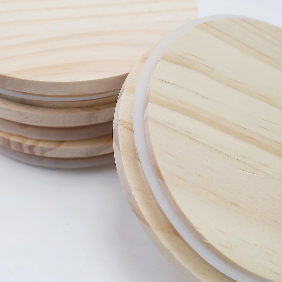 Semetall 6pcs Round Pine Wood Jar Lids with Silicone Sealing Rings 4.3 Inches Diameter Wooden Lids for Coffee Drink Mug Cup Beer Can Glasses
