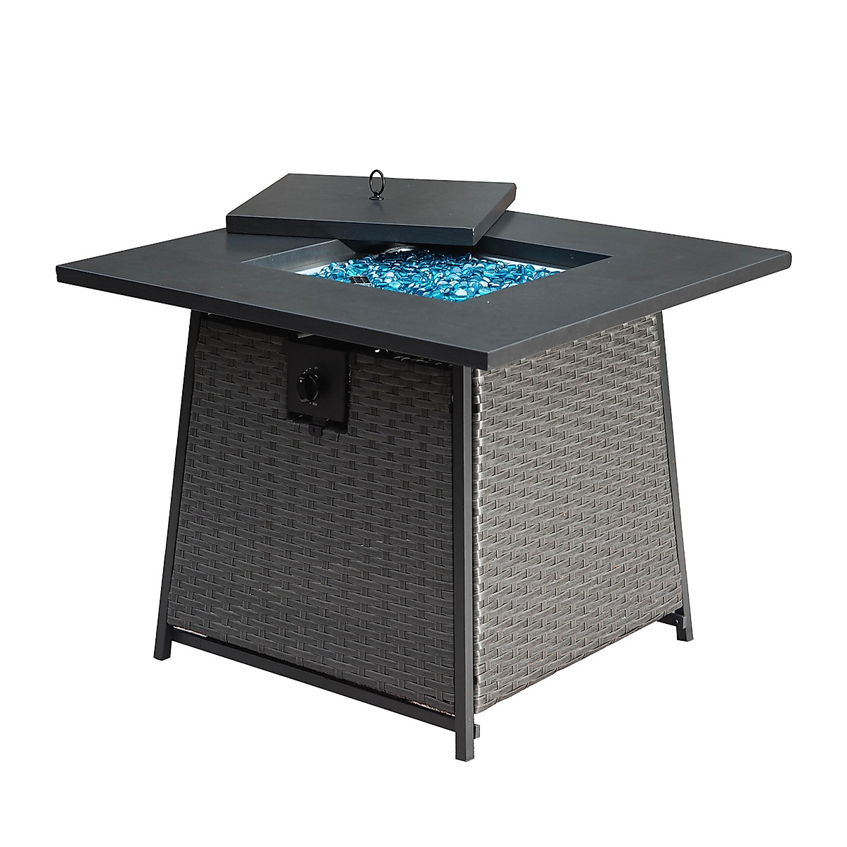 28 Inch Propane Fire Pits Table with Blue Glass Ball,50,000 BTU Outdoor Wicker Fire Table with ETL-Certified,2-in-1 Square Steel Gas Firepits (Dark Gray)