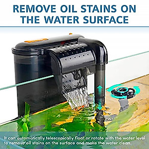 hygger Hang On Aquarium Filter, 100GPH Rotatable Surface Oil Skimmer, Quiet Power Fish Tank Filter with Adjustable Water Flow Retractable Water Inlet Tube for Freshwater Saltwater Tank Filter (S/M)