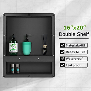 Suteck Shower Niche Double Shelf, 16-Inch Width x 20-Inch Height x 4-Inch Depth, Recessed Shower Niche Ready for Tile (Inner Size: Length 12"+4", Width 14") Niche for Shower Bathroom Storage