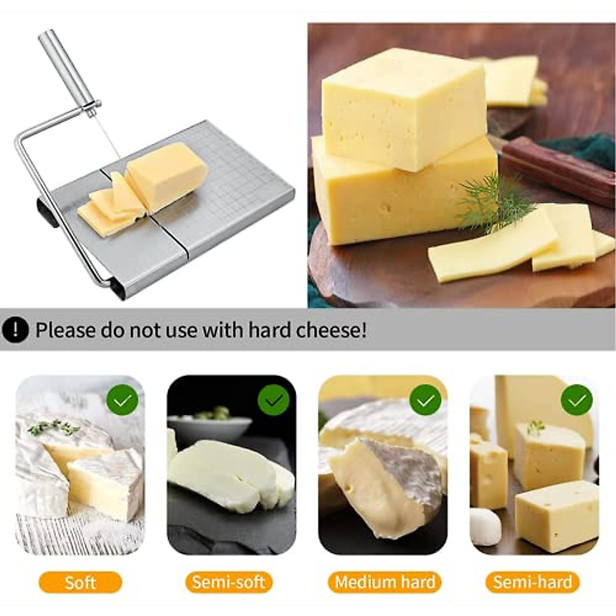NatureMan Cheese Slicer With Wire,Stainless Steel Cheese Slicer,With 5 Replacement Wires Cheese Cutter With Wire Accurate Size Scale For Cutting Soft Cheese Butter