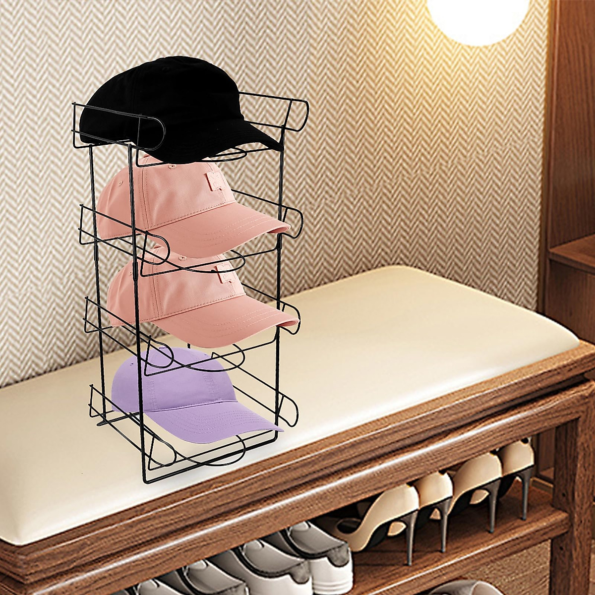 AshKiz 4 Tier Wire Countertop Hat Display Stand, Hat Display Rack, Hat Display Stand Countertop, 4 Tier Metal Wire Hat Rack for Hats Retail, Bedroom and Living Room and Entryway