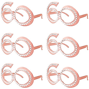 60th Birthday Glasses - 6 Pairs Rose Gold 60 Years Old Glasses with Rhinestones Frame, Funny Plastic Costume Photo Booth Props for 60th Anniversary Party Decorations