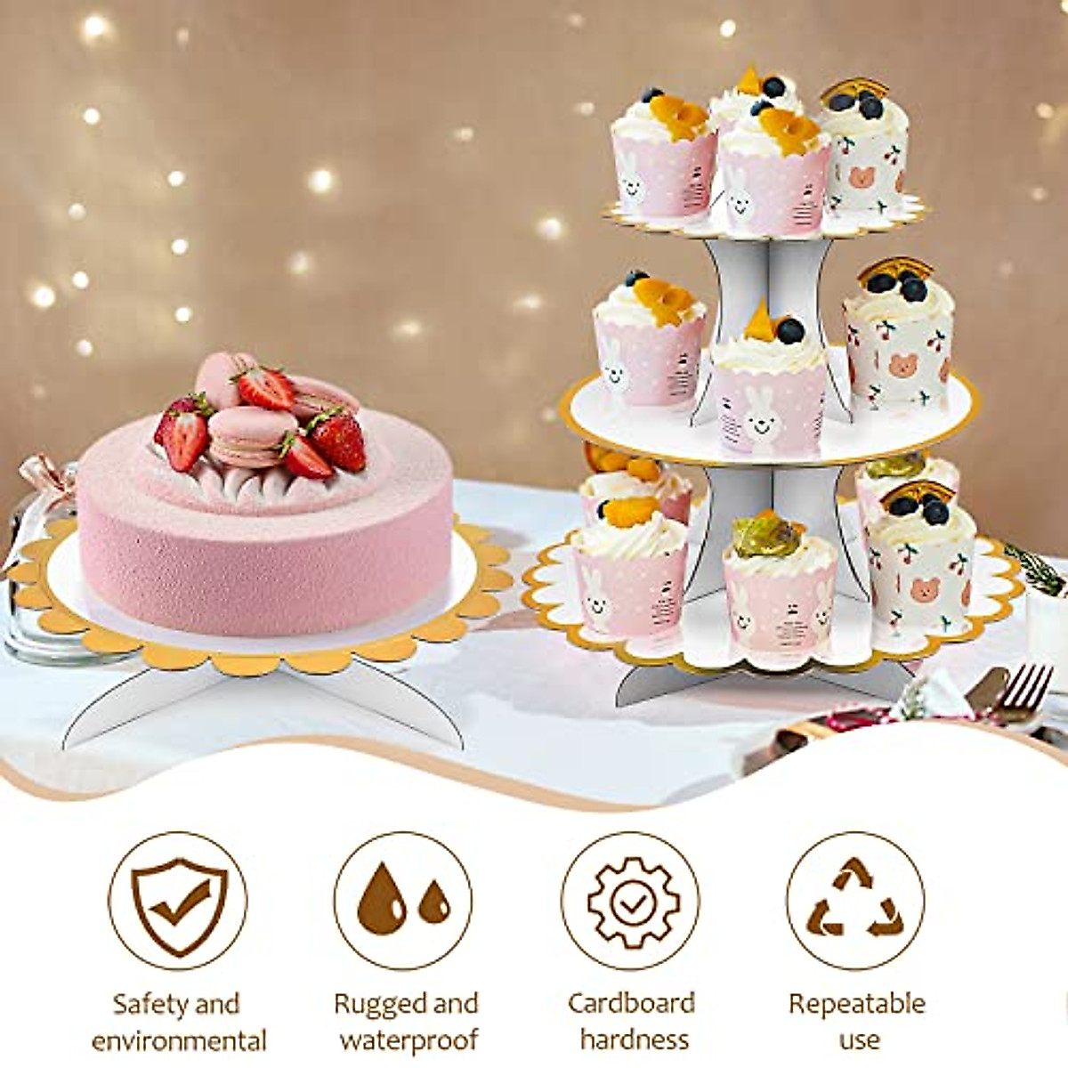 3 PCS Cardboard Cupcake Stand 2 Set of 3 Tier Cupcake Stand for 24 Cupcakes and 1 Large Cake Display Serving Tray Cupcake Tower Set for Wedding Baby Shower Birthday Party Decor, White