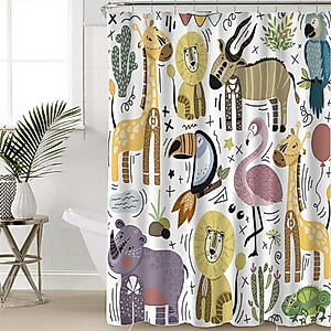 oFloral Cute Stylized Animals X-Long Shower Curtains for Bathroom Sets Chameleon Flamingo Giraffe Book Lion Lizard Rhino Polyester Shower Curtain with Hooks 72 x 84 Inch